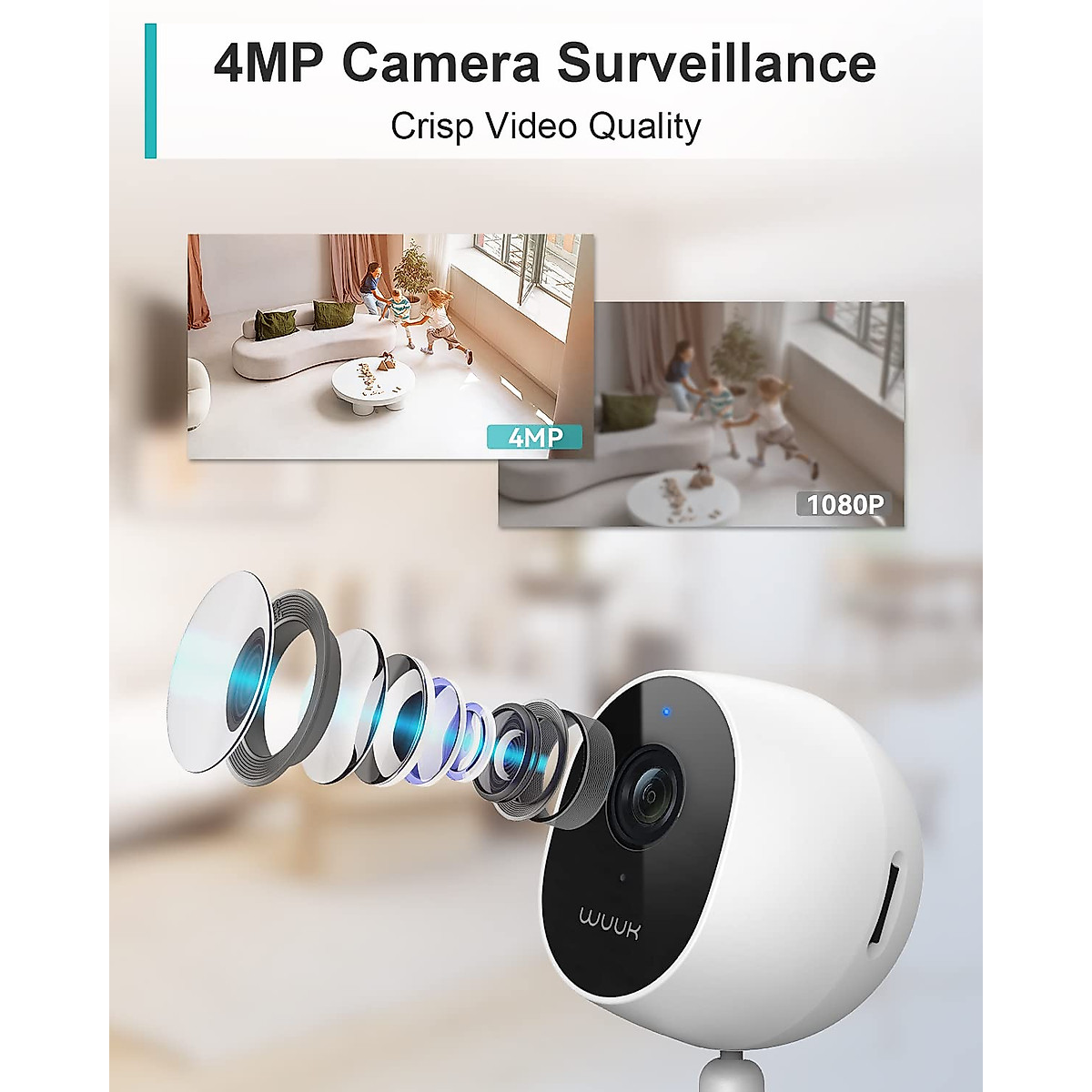 WUUK 4MP Indoor Security Camera, WiFi Camera Indoor Baby Monitor, Pet Camera w/Motion & Human Detection, Night Vision, 24/7 Live View 2-Way Audio, Magnetic Stand, Works w/Alexa & Google Home