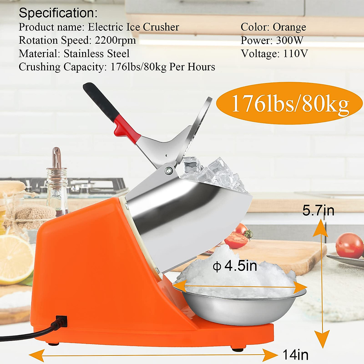 Electric Ice Crusher with Dual Blades,300W Electric Ice Shaver Machine (176lbs/80kg Per Hour,2200rpm) with Cover and Bowl 110V Electric Snow Cone Maker for Shaved Ice,Margaritas,Home Commercial Use