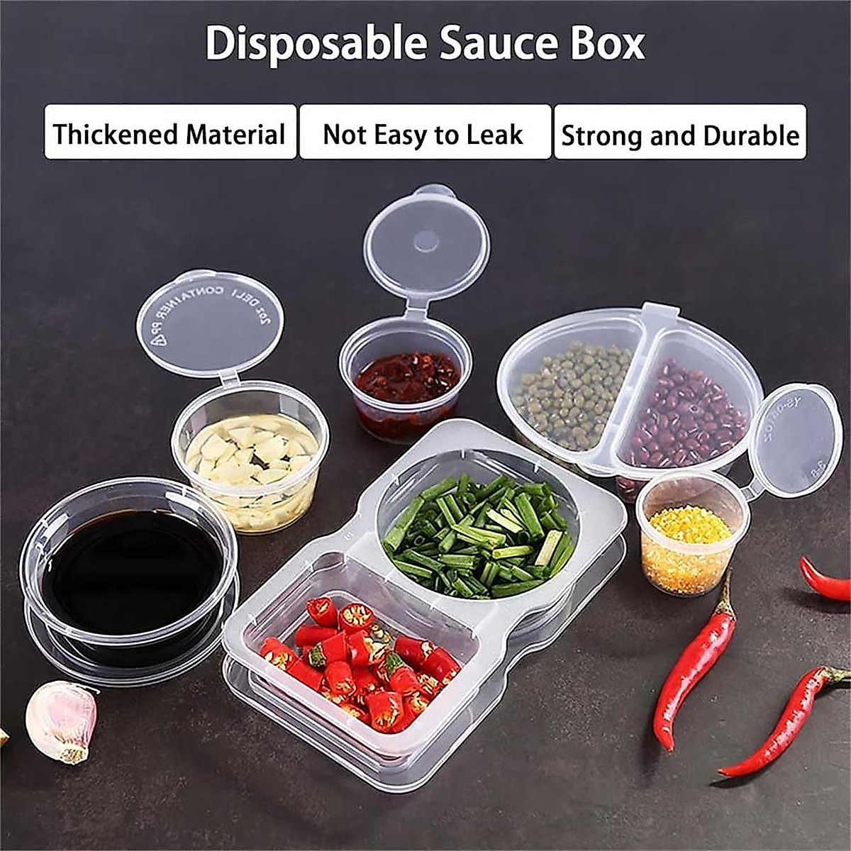 Double Condiment Containers with Lids, Double Compartment Condiment Container, Disposable Containers Double Compartment Snack Containers for to-go Sauce, Sampling, Travel Snack (Style B, 50PCS)