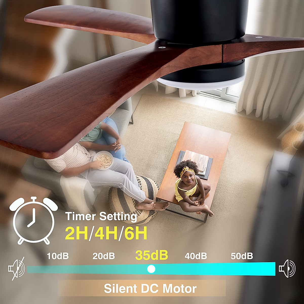 HUMHOLD 52" Wood Ceiling Fan with Lights Remote, Reversible DC Motor 6-Speed Ceiling Fan, 3 Blades Low Profile Flush Mount Ceiling Fans, Modern Ceilingfans for Low Profile, Walnut and Matte Black