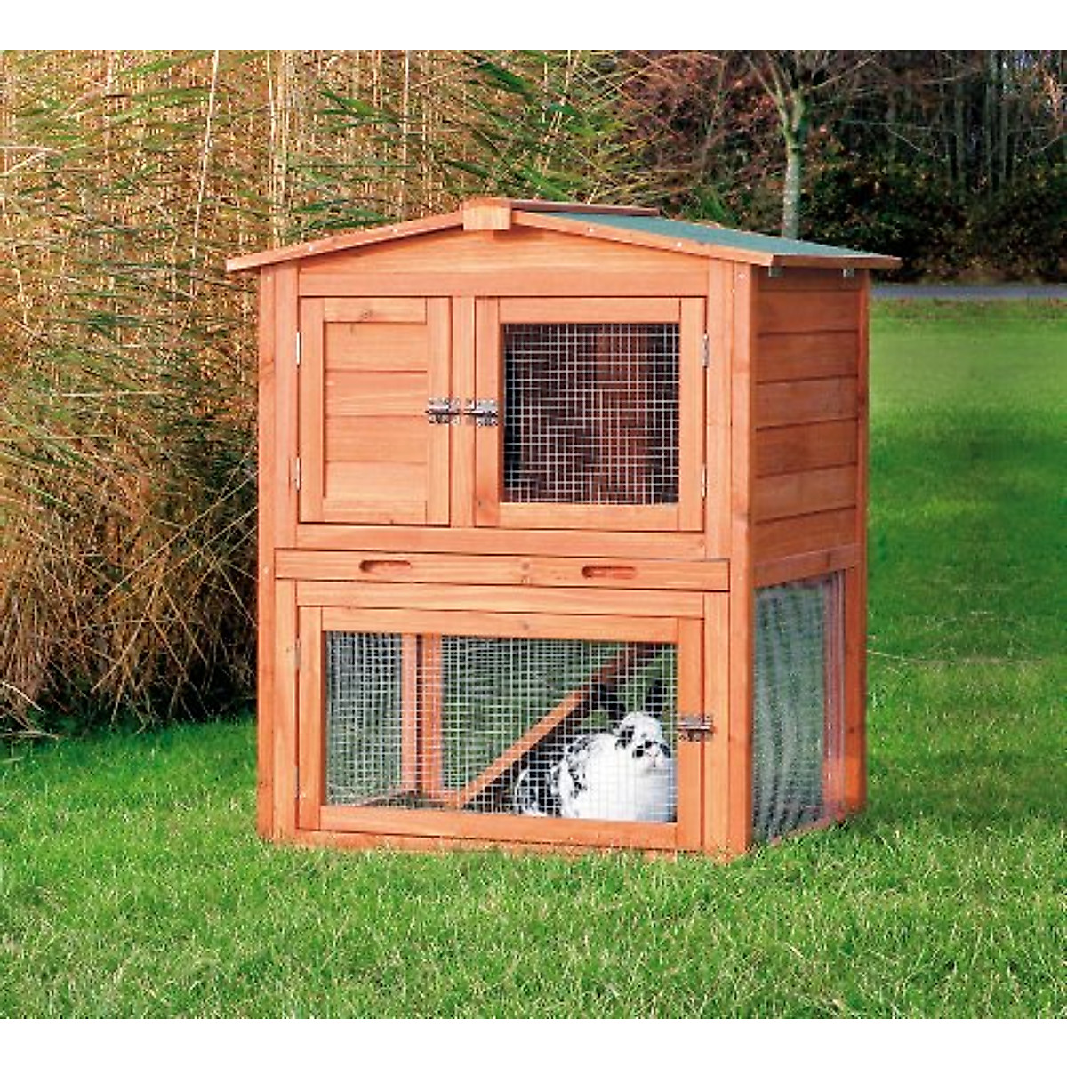 TRIXIE Natura Single Rabbit Hutch with Run, 2-Story with Ramp, Pull-Out Tray, Hinged Peaked Roof, for Rabbits or Guinea Pigs Small