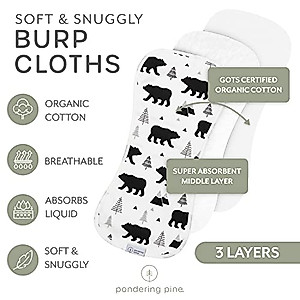 Pondering Pine Organic Burp Cloths with Burp Cloth Bag - Baby Bear Burping Cloths for Boy or Girl - XLarge Soft Spit Up Rags, Extra Absorbent, Woodland Nursery, 4 Pack