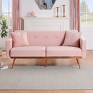 AnwickNomo 70" Velvet Modern Couch Sofa Bed with Golden Metal Legs, Tufted Loveseat with Throw Pillow and Mid Foot for Living Room, Bedroom, Playroom, Office (Pink)