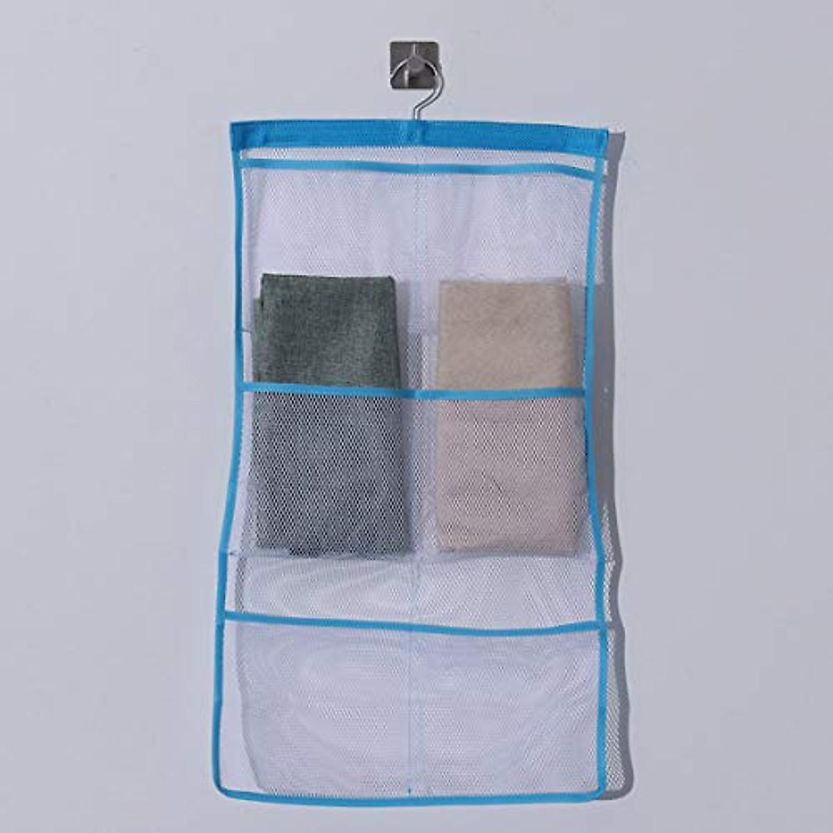 Amosfun Bathroom Organization and Storage 6 Storage Pockets Hanging Mesh Shower Caddy Space Saving Bathroom Accessories Quick Dry Bath Organizer with Single Hook (Sky- Blue)