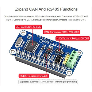 for Raspberry Pi,RS485 CAN HAT for Pi 4B/3B+/3B/2B/B+/A+/Zero/Zero W/WH/ 2W/2WH,RS485 CAN HAT Long-Distance Communication via RS485/CAN Functions MCP2515 CAN Controller SPI Interface