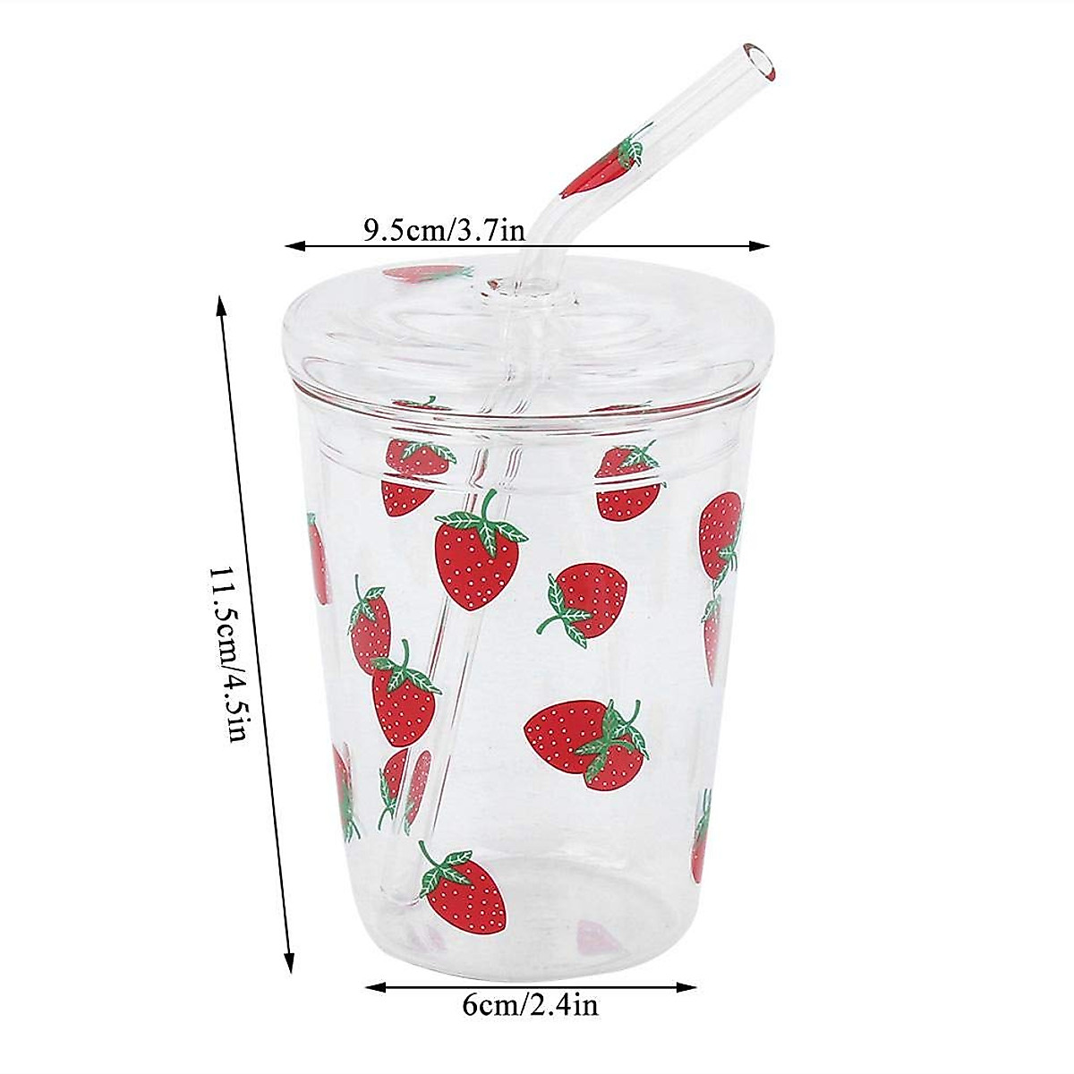 Ichiias Glass Cup Heat-Resisting Clear Strawberry Pattern Coffee Juice Drinking Water Mug with Straw Lid