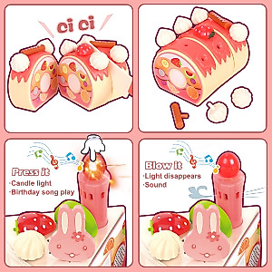 KaeKid Birthday Cake Toy Pretend Play Tea Set with Lights & Music, DIY Cutting Play Food with Bread Roll, Chocolate, Sandy & Dessert, Gift for Girls Boys 3 4 5 Years Old (82 PCS)