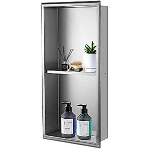 Sanbege 12"×24" Shower Niche with Divider, Brushed Stainless Steel Bathroom Shelf Insert, Double Recessed Shower Caddy Fits for 10-7/8" x 22-7/8" Wall Hole Installation (Nickel)