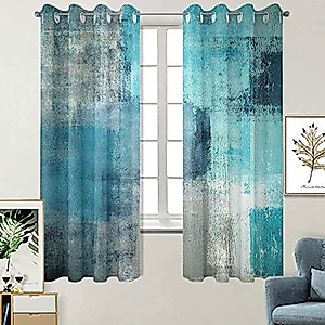 TOMWISH Turquoise Window Curtain Panels Grommet Blackout Curtains Turquoise Grey Abstract Art Painting Modern Patio Blackout Curtains for Living Room Bedroom Window Treatment Set 52 X 84 Inch 2 Panel