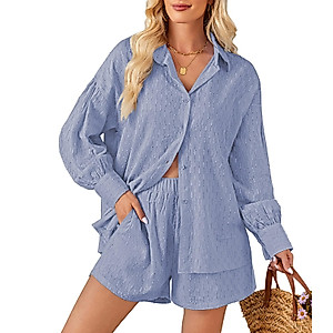 Fixmatti Women's 2 Piece Summer Outfits Long Sleeve Button Down Shirt and Shorts Set Casual Beach Wear Blue XL