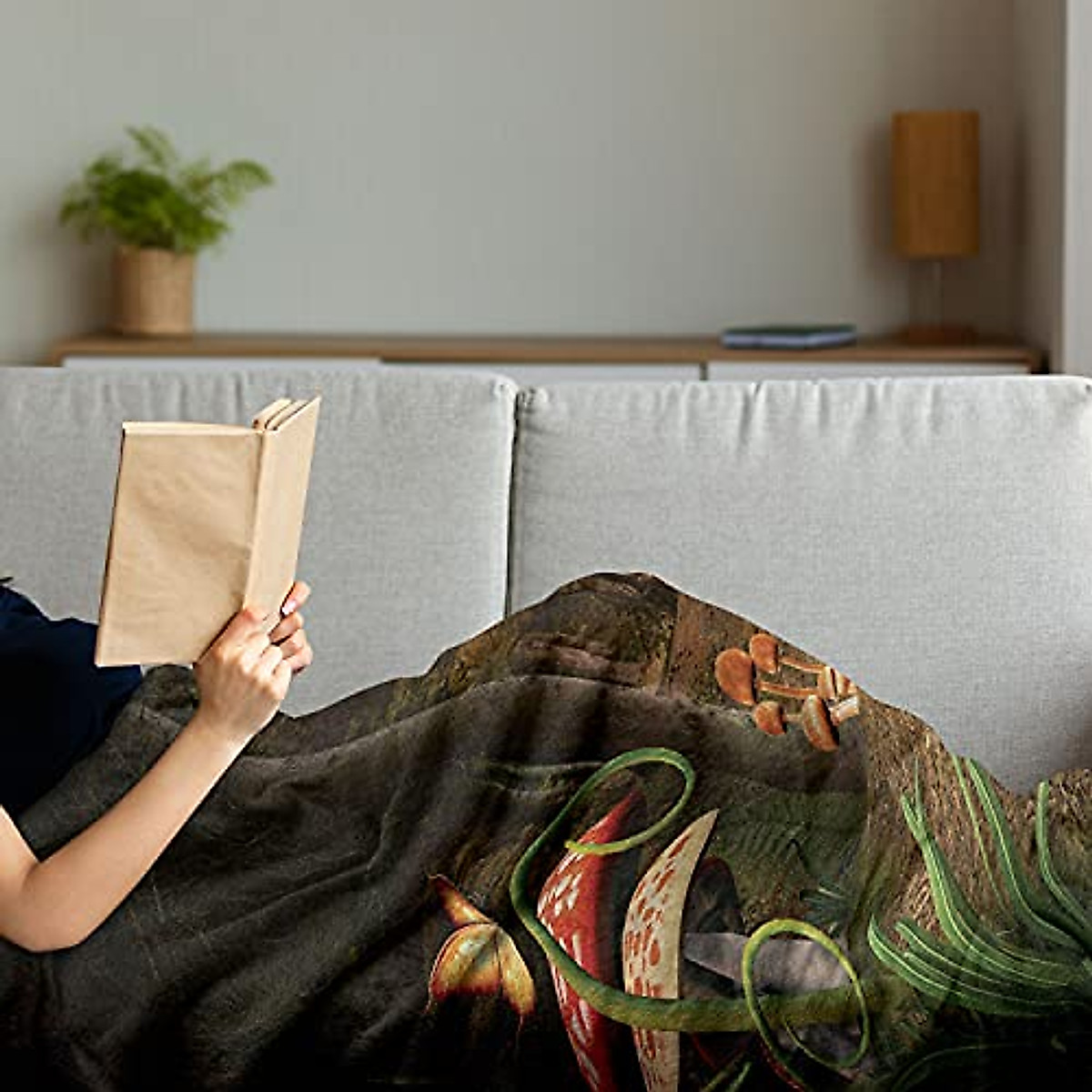 Ambesonne Mushroom Soft Flannel Fleece Throw Blanket, Mushrooms in Deep Dark Forest Fantasy Nature Theme Earth Path, Cozy Plush for Indoor and Outdoor Use, 50" x 70", Pomegranate Green