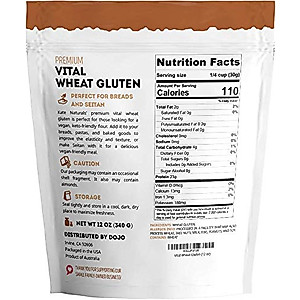Kate Naturals Vital Wheat Gluten for Bread Making, Baking & Seitan (12oz). Natural Powder for Bread Machine. Non-GMO, High Protein Flour, Low Carb Bread for Vegan Gluten & Keto