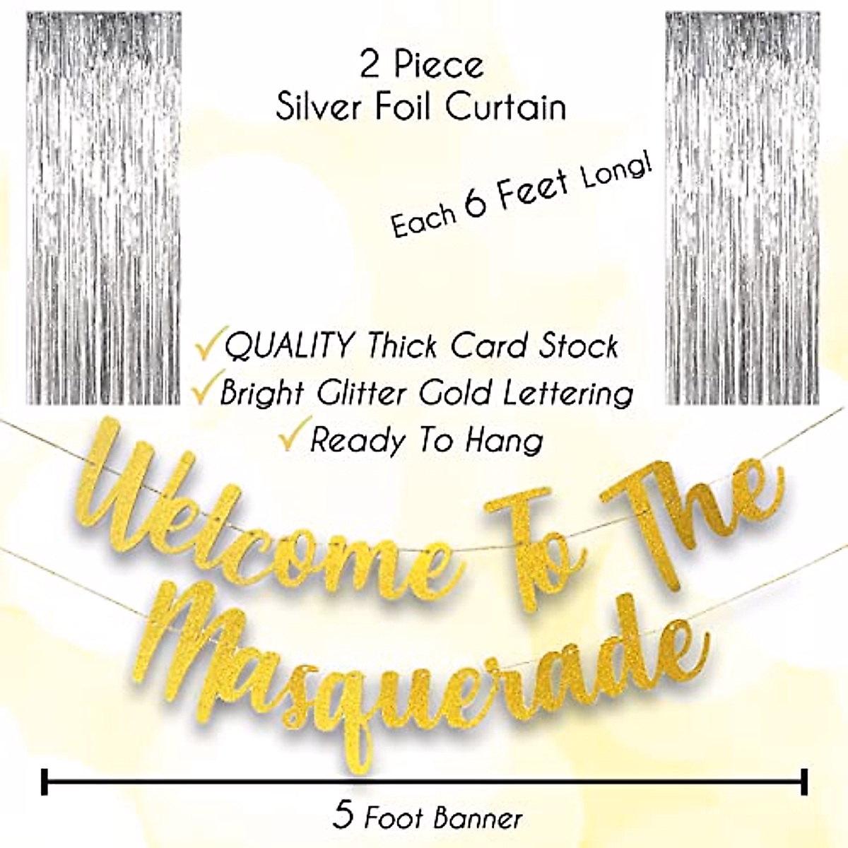 Masquerade Party Decorations Kit | "Welcome To The Masquerade!" Banner | 12 Masquerade Party Photo Booth Props | 2x Silver Foil Fringe | Gold Confetti Balloons | Silver & Black Balloons