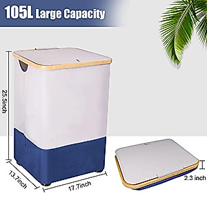Laundry Basket with Wheels, 105L Large Laundry Hamper with Bamboo Handles, Collapsible Waterproof Clothes Hamper for Toys Clothes Organizer