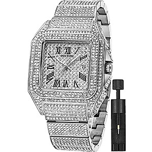 Gosasa Fashion Hip Hop Men's Crystal Watch Bling Bling Iced Out Watch Rectangle Case Stainless Steel Quartz Analog Bracelet Wristwatch (Silver)