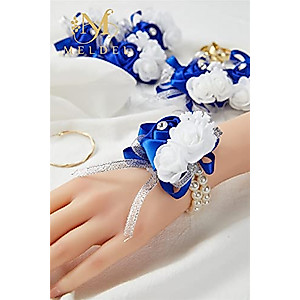 Meldel Prom Flower Wrist Corsages for Wedding, Set of 6, Royal Blue Wrist Corsages for Prom Bridal Bridesmaid Girl, Rose Hand Flower for Wedding Ceremony Anniversary,Dinner Party, Homecoming