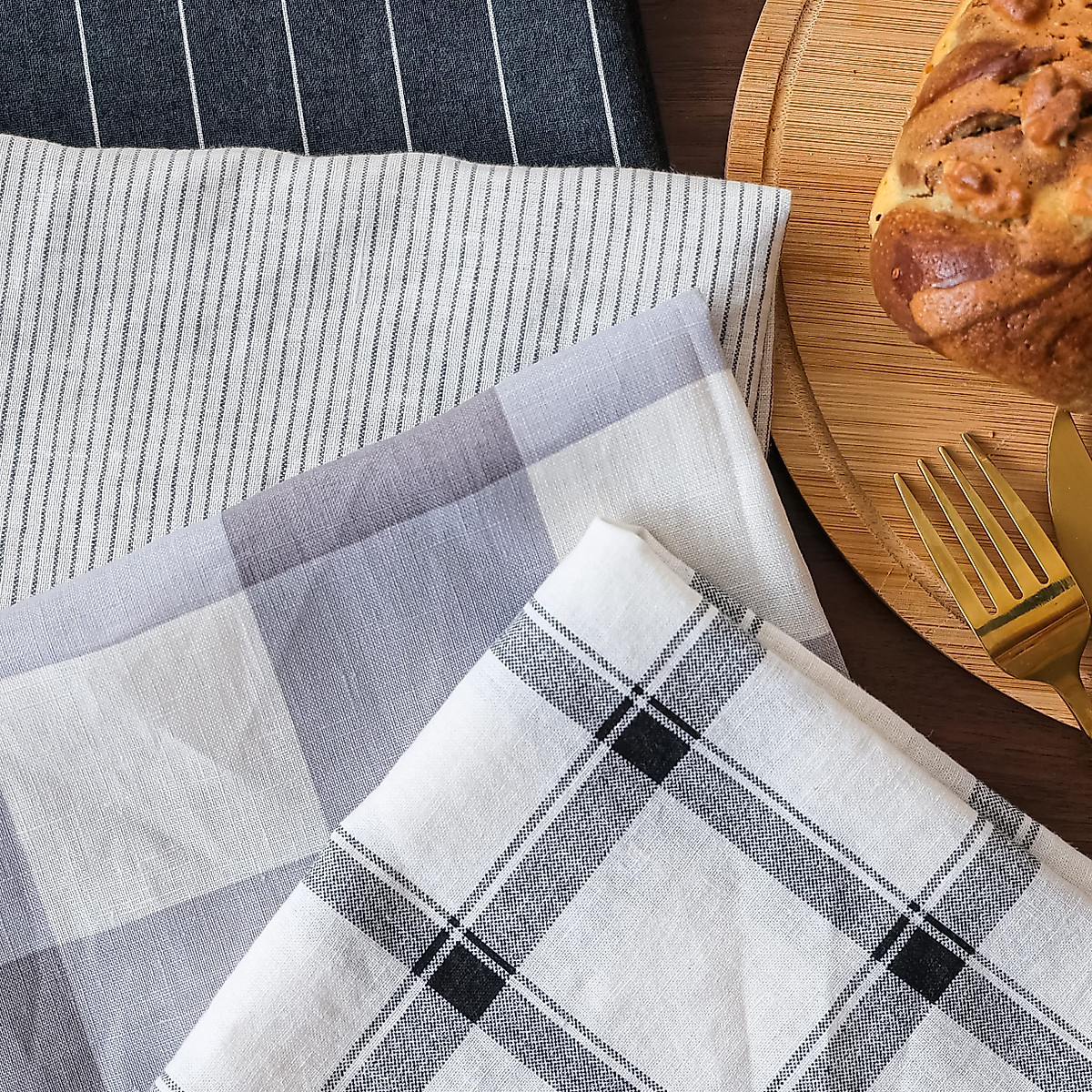 linendo 100% Linen Kitchen Towels 20 x 30 inch Gray/White Buffalo Check - Set of 2 Pack, Natural Flax Washable Tea Towels, Highly Absorbent Dish Towels, Super Soft Multi-Purpose Hand Towels