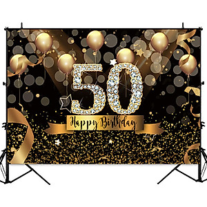 Sensfun 8x6ft Happy 50th Birthday Party Photography Backdrop Glitter Black and Gold Balloons Background for Woman Fabulous 50 Bday Party Decorations Shining Diamond Fifty Years Old Photo Booth Banner