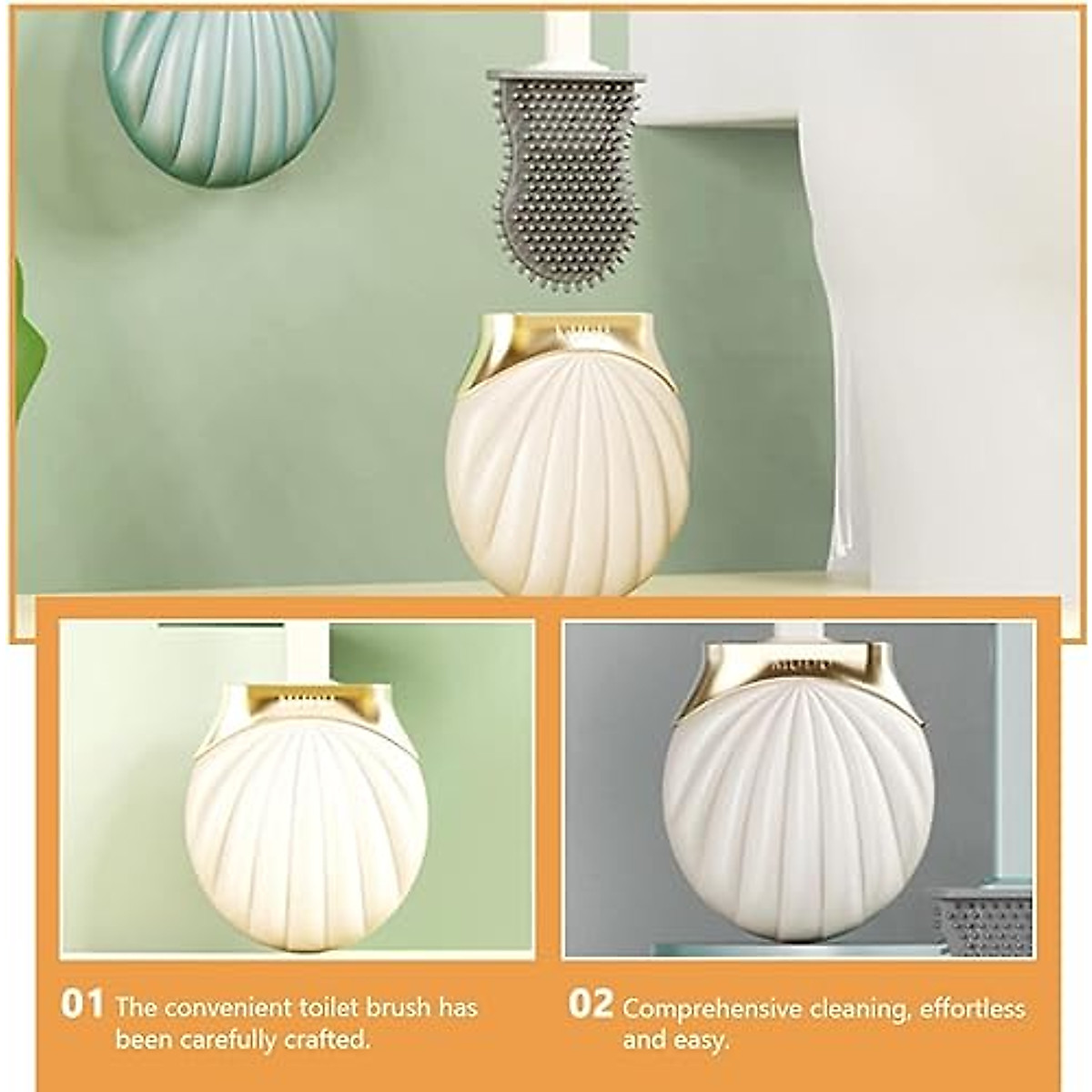 AAMNA Shell Toilet Brush and Holder Wall-Mounted Toilet Cleaning Brushes w/Long Plastic Handle and Soft Silicone Bristles Bathroom Deep Cleaner