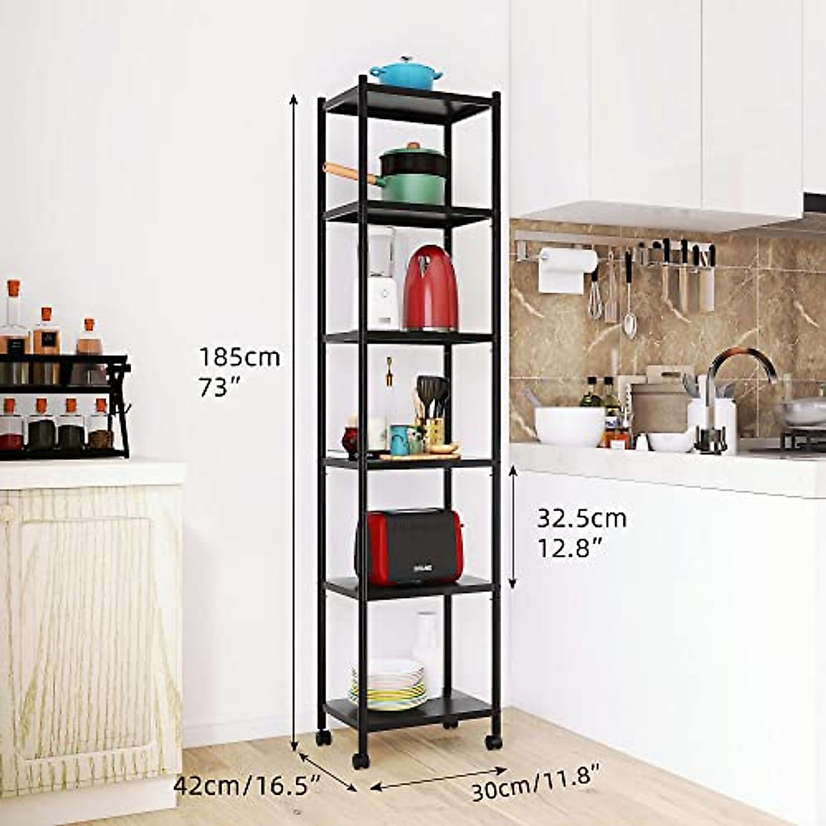 ZIGAMA 6-Tier Metal Rolling Cart Organizer with Wheels ，Adjustable Heavy Duty Free Standing Baker's Rack for Kitchens,Storage Tower for Pantry Laundry Bathroom Narrow Places