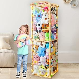 Basumee Stuffed Animals Storage Zoo with LED Light Large Wood Kids Toy Storage Organizer Holder for Stuffed Animals Girls Boys Nursery Room Bedrooms Stuff Animals Organizer