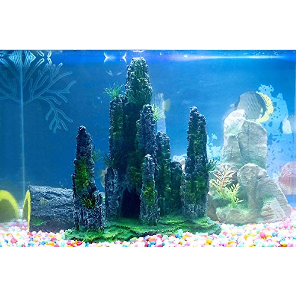 FEDOUR Aquarium Mountain View Stone Ornament Tree Rock Cave Landscape, Large Aquarium Ornament Rock Artificial Fish Tank Decoration