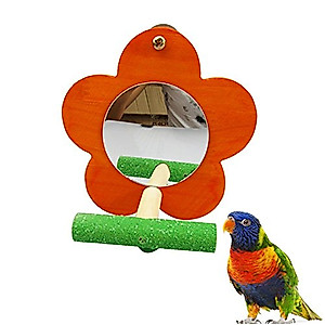 Bird Parrot Mirror with Perch Natural Wood Swing Colorful Sand Grind Paw Trim Beak for Small Parrot Parakeet Cockatiel Lovebird Conure Finch Budgie (Flower-Shaped)