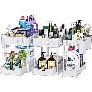 3 Pack MUzizy Under Sink Organizer Pull Out Under Sink Storage, 2 Tier Multi-Purpose Sliding Under the Sink Organizer Bathroom Kitchen Sink Organizer Under Cabinet Shelf for Cleaning Supplies -White