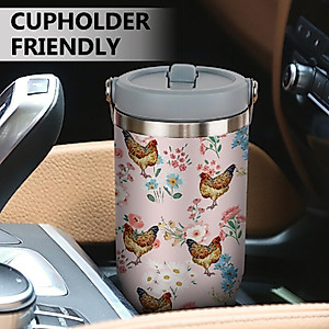 30oz Chicken Tumbler with Handle and Straw, Pink Chicken Stainless Steel Vacuum Insulated Flip Straw Coffee Cups Spill Proof Travel Mug, Chicken Rooster Decor Stuff Gifts for Women Chicken Lover