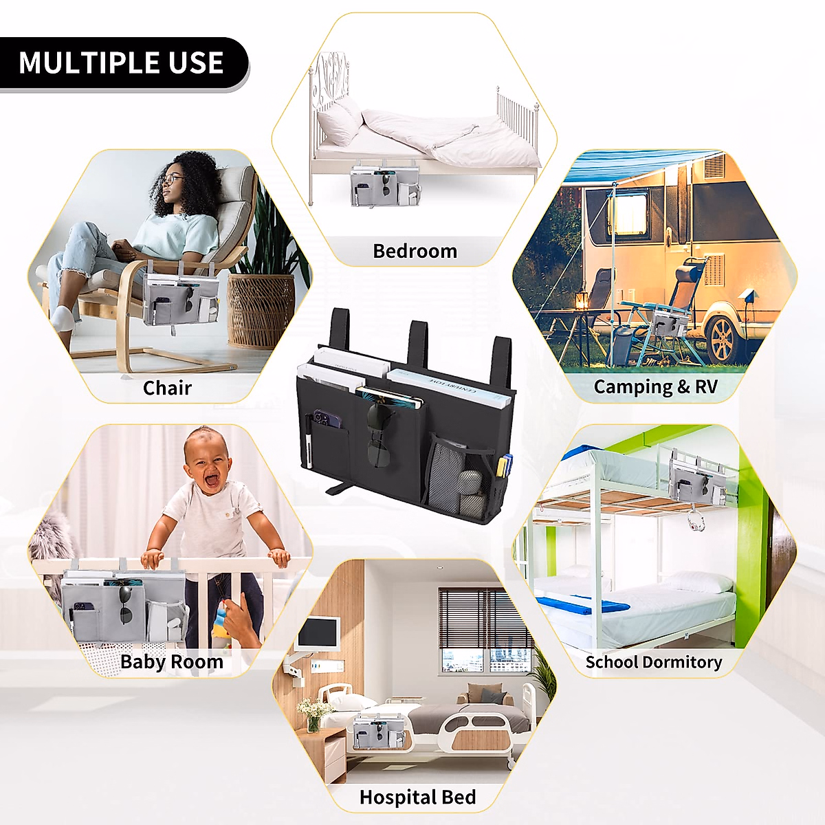 Joyfulife Bedside Caddy Bunk Bed Organizer Bedside Storage Organizer Hanging Bedside Organizer Storage Bag Pocket for Bunk, Hospital Beds, College Dorm Rooms, Baby Bed Rails, Camp 8 Pockets (Black)