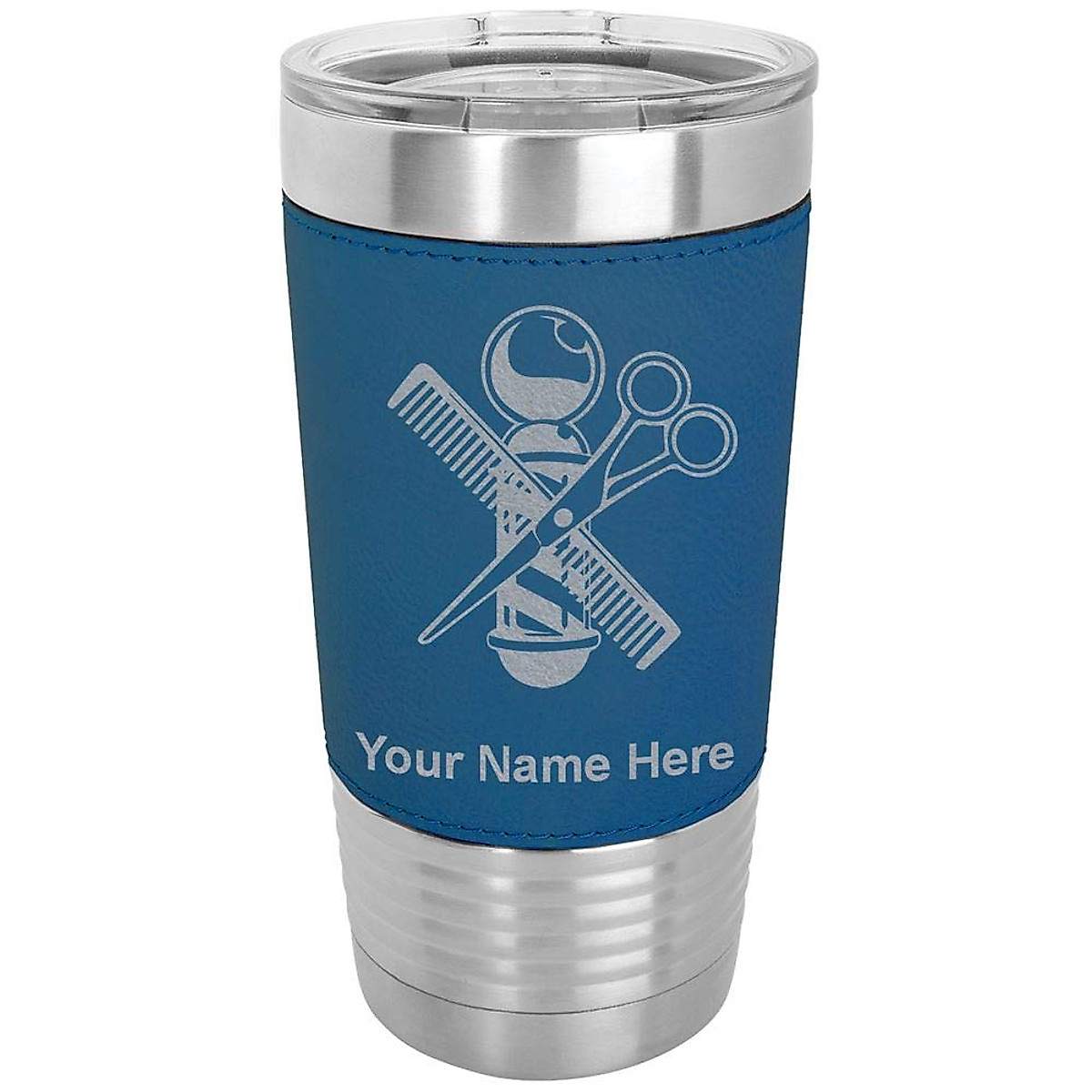 LaserGram 20oz Vacuum Insulated Tumbler Mug, Barber Shop Pole, Personalized Engraving Included (Faux Leather, Blue)
