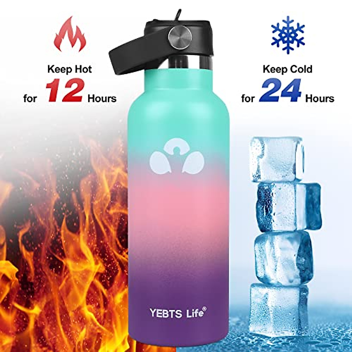 YEBTS LIFE Water Bottle,Vacuum Insulated Water Bottles with 2 Lids & 2 Straws,Stainless Steel Water Bottles Keep Hot and Cold,Leak Proof,Sports Water Bottle for Hiking Biking Sport (18oz, rainbow)