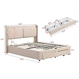 BOVZA Queen Size Lift Upholstered Platform 2 Drawers, Modern Wingback Headboard, Hydraulic Storage Bed Frame, Linen Beige
