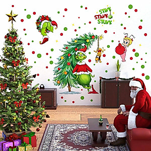 Christmas Wall Decals Stickers Self-Adhesive Winter Christmas Wall Stickers Holiday Xmas Wall Decals Cute Christmas Trees Green Monster Designs for Christmas Party Home Supplies Home Wall Decorations