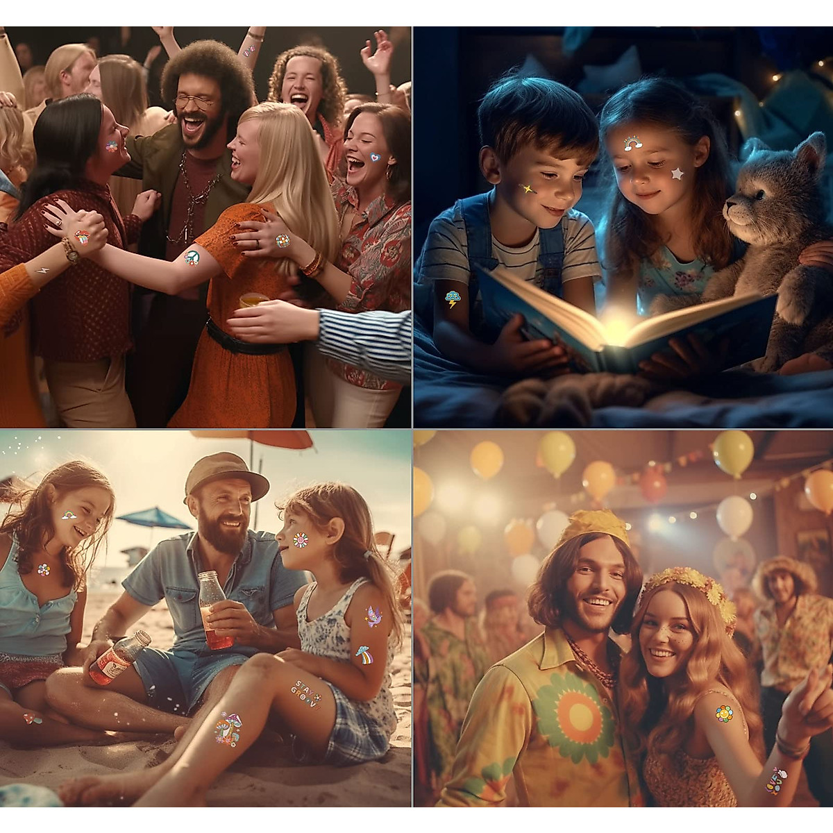 Groovy 70s Temporary Tattoos, Glow in the Dark Styles for Kids,Flower Power & Hippie Stickers,Birthday Party Supplies & Favors for Girls