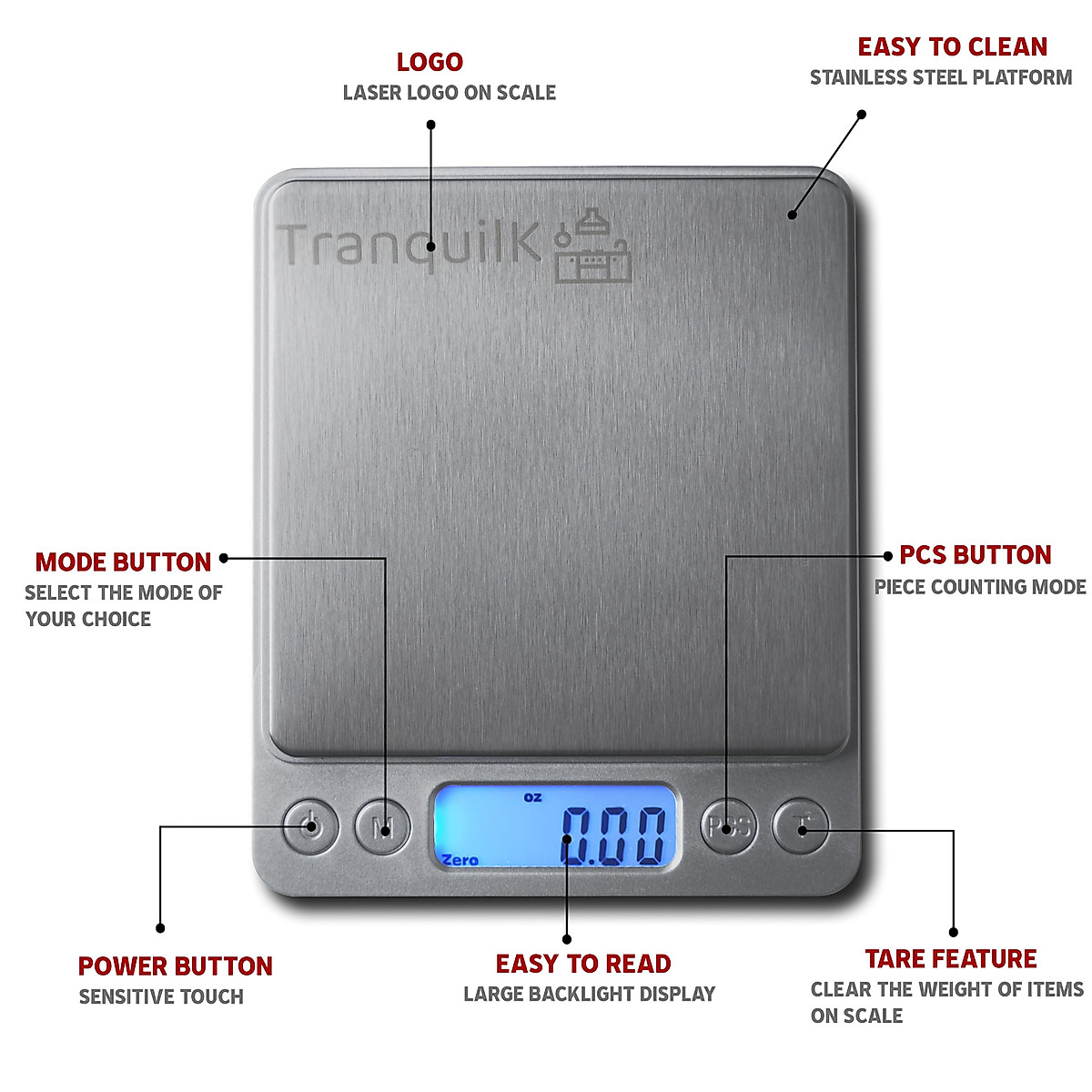Tranquilk Digital Food Kitchen Scale with 2 Trays 3000g/0.1g High Accuracy Mini Digital Food Scale Measures in Grams and oz for Cooking, Baking,Jewelry, LCD Display (Batteries Included), Silver