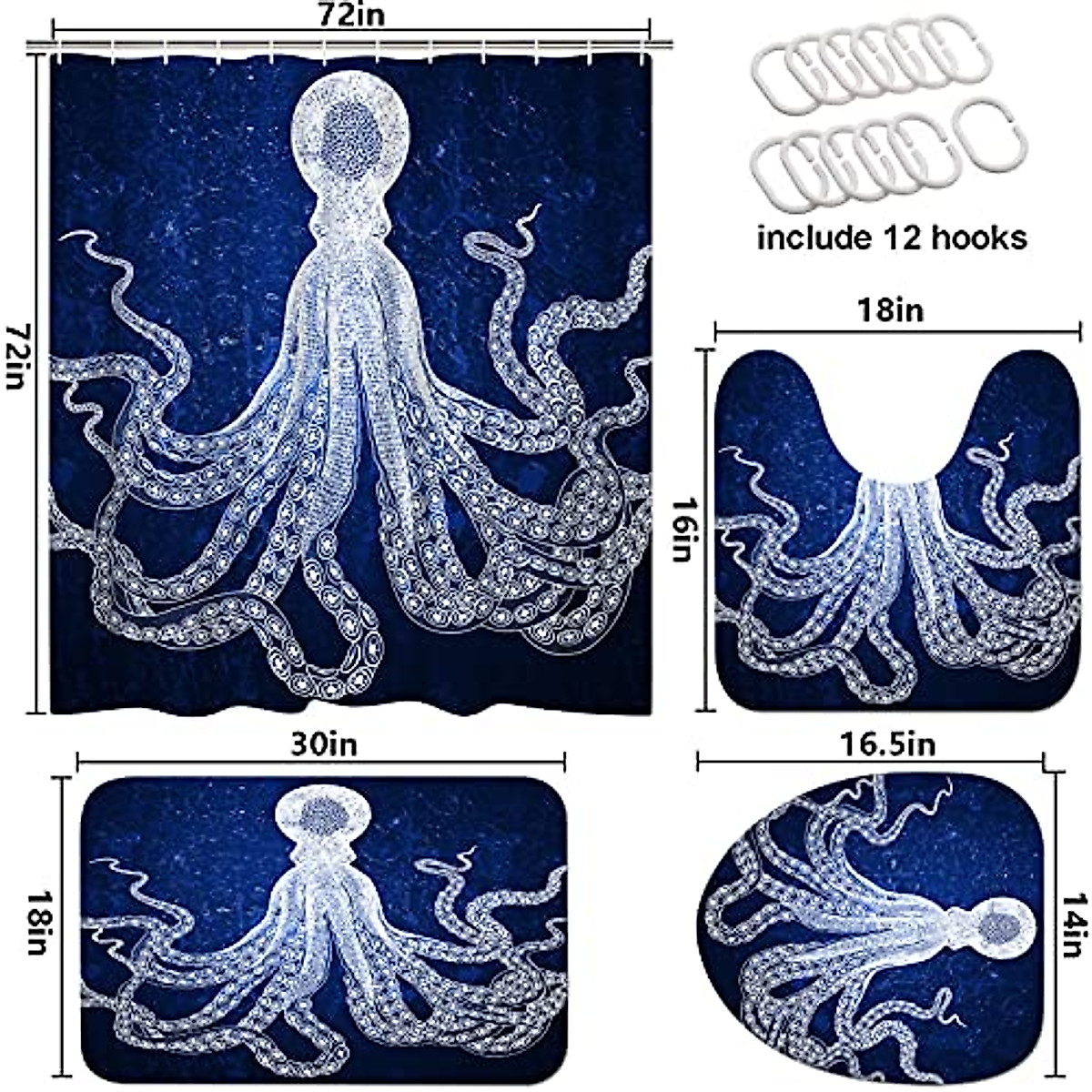 DuoBaorom 4 Pieces Set Octopus Shower Curtain Set Blue and White Sea Animal Picture Print on Non-Slip Rugs Toilet Lid Cover Bath Mat and Bathroom Curtain with 12 Hooks 72x72inch