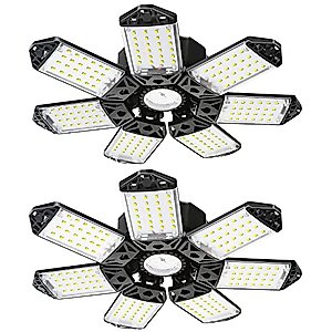 SILIVN 2 Pack LED Garage Lights, 180W Ultra Bright Deformable LED Garage Ceiling Lights with 7 Adjustable Panels, 15000LM E26/E27 LED Shop Lights for Garage, Workshop, Basement, Attic