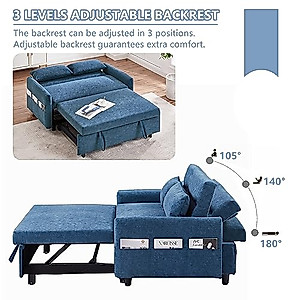 Gynsseh Pull Out Sofa Sleeper, 3 in 1 Convertible Sleeper Sofa Bed with 2 Pillows and Storage Pockets, Microfiber Love Seat Lounge Sofa Bed for Small Space, Living Room, Blue