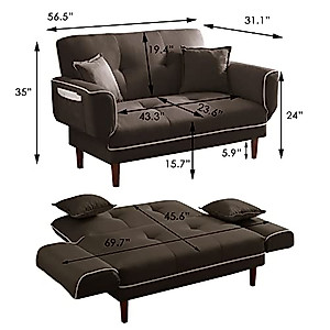 SoarFlash Convertible Futon Sofa Bed with 2 Pillows, Small Couch with Adjustable Armrest and Wood Legs, Upholstered Loveseats Furniture Low Back 2-Seat Sofa Couch with 5-Angle Backrest (Brown)