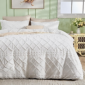 HYMOKEGE Duvet Cover Queen Size, Boho Tufted Queen Duvet Cover 3 Pieces, Soft & Lightweight Shabby Chic, Embroidery Bedding for All Seasons, 1 Duvet Cover 90" × 90" & 2 Pillow Shams, White