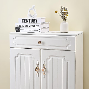 Aandxmok 10 Pack Round Ivory White Gold Knobs and Plates - 1.16” Knob & 5.8” Plate - Boho Cabinet Knobs for House Furnitures Decorative Flower Look, Metal Cabinet Desk Knobs