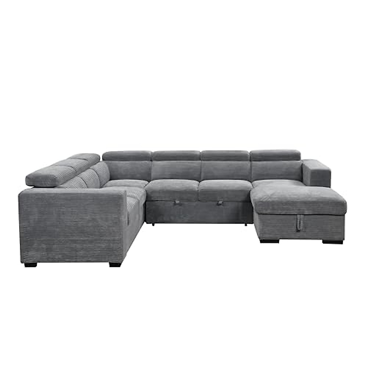 THSUPER Corduroy 123" Oversized U Shape Sectional Sleeper Sofa with Pull Out Bed, 7-Seats Sleeper Sectional Sofa with Storage Chaise and Adjustable Headrest for Living Room - Dark Grey