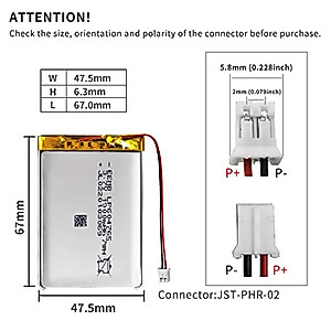 EEMB Lithium Polymer Battery 3.7V 1900mAh 604765 Lipo Rechargeable Battery Pack with Wire JST Connector for Speaker and Wireless Device- Confirm Device & Connector Polarity Before Purchase