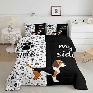 Lovely Dog Paw Comforter Set Full,Cute Puppy Bones Bedding Set Black and White Animal Theme Down Comforter Ultra Warm Dog Side My Side Quilted Duvet for Kids Boys Girls Couple with 2 Pillow Shams