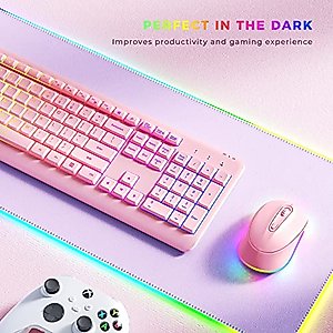 Wireless Keyboard and Mouse Combo Backlit, seenda Rechargeable Full-Size Illuminated 2.4Ghz Silent Keyboard and Mouse for Computer/Laptops/Windows/Gaming, Ice Pink