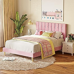 LIKIMIO Full Bed Frames, Velvet Upholstered Platform Bed Frame with Headboard and Strong Wooden Slats, No Box Spring Needed/Noise-Free/Easy Assembly, Pink