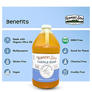 Vermont Castile Soap Unscented, Gentle Liquid Soap for Sensitive Skin & Natural Body Wash, Organic Hair Shampoo for Oily Hair, Aloe Castile Soap for Men & Women - 64 Oz