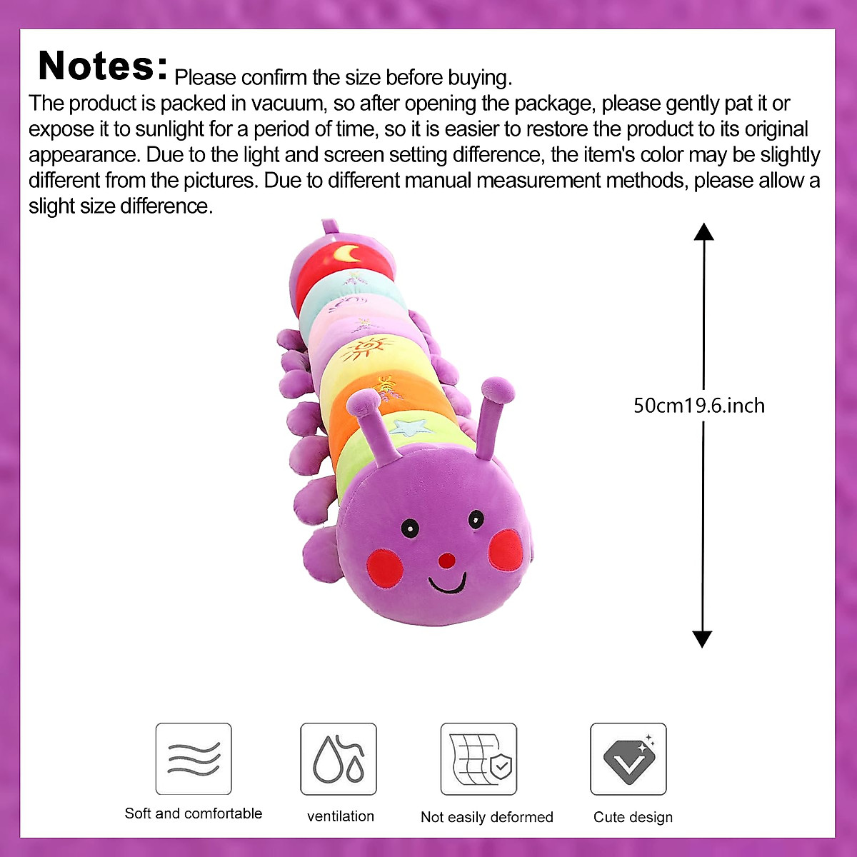 AUCOOMA 19.6" Caterpillar Stuffed Animal Small Pillow, Fun Plush Soft Long Pillow, Toy Doll Creative Birthday Gift Purple