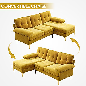 82" Ginger L Shape Sofa Couch w/Chaise Sleeper, Chenille Small Golden Sectional Couch with Chaise Mid-Modern Century Sofa for Living Room, Apartment, and Office with Removable and Washable Cushions